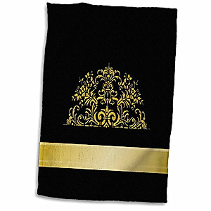 3D Rose Stylish Faux Gold Effect Art Nouveau Floral On Black Background Hand Towel, 15" x 22", Multicolor