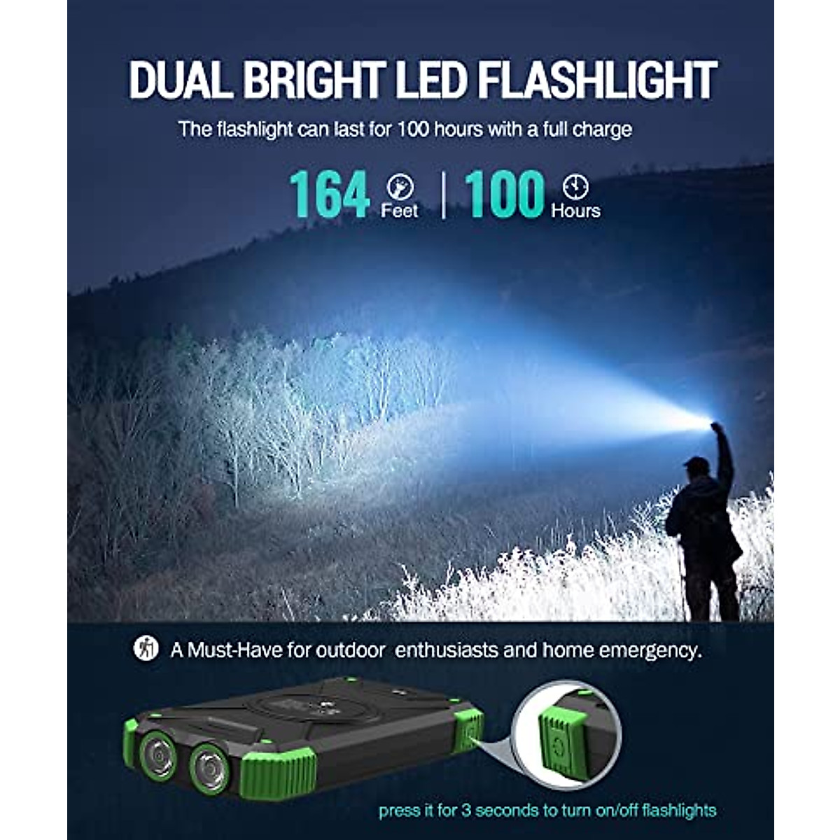 BLAVOR Solar Charger Power Bank, Qi Wireless Charger 10,000mAh External Battery Pack Type C Input Output Dual Super Bright Flashlight, Compass Carabiner, Solar Panel Charging(Dark Green)