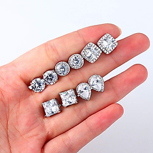 sailimue 5 Pairs Stainless Steel Cubic Zirconia Stud Earrings Set for Women Men Brilliant Round Square Teardrop Faux Diamond Halo Earrings CZ Piercing Earrings Jewelry Gifts