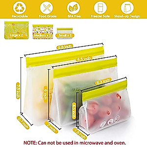 Reusable Food Storage Bags, 6-Pack Leakproof Reusable Freezer Bags-2 Large Bags/2 Reusable Sandwich Bags/2 Reusable Snack Bags, Reusable Ziplock Bags for Food (6 Pack)