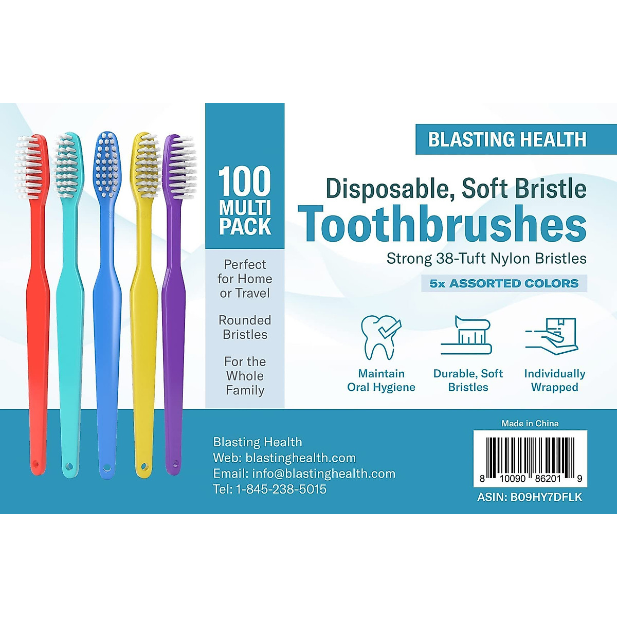 Blasting Health 100 Pack Disposable Medium Soft Bristles Bulk Toothbrushes - Individually Wrapped (Plain)