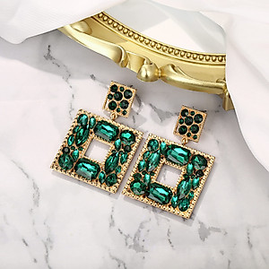 BriLove St Patricks Day Earrings Art Deco Sparkly Rhinestone Geometric Emerald Cut Statement Dangle Earrings for Women Green Gold-Tone