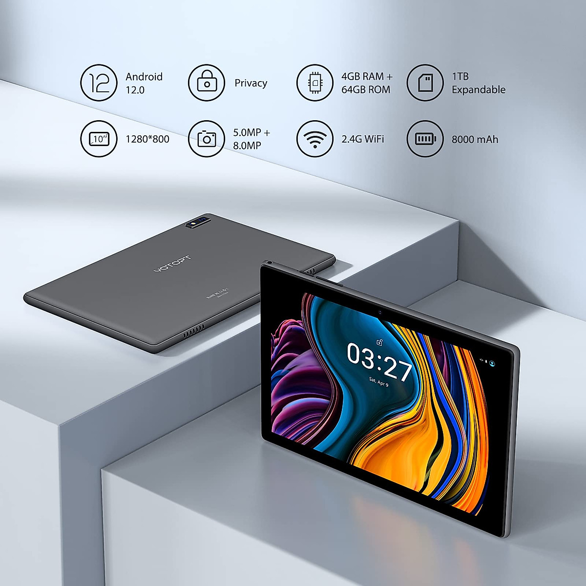 YOTOPT Android 12 Tablet, 10 inch Tablets 4GB RAM, 64GB ROM 1TB Expand, 8000mAh Battery Android Tablet IPS HD Touch Screen, Dual Camera, Bluetooth, Parent Control, WiFi Tablet, Gray