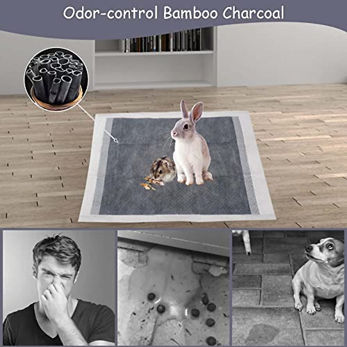 Tfwadmx 100 Pcs Rabbit Pee Pads Guinea Pig Super Absorbent Cage Liners Bunny Disposable Black Carbon Diapers Small Animal Training Accessories with Quick-Dry Surface for Chinchilla Ferret Hamster