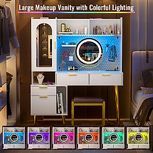 armocity 48'' Makeup Vanity with Hutch, White Bedroom Vanity with Charging Station and LED, Tall Vanity Table with Pegboard, Mirror, 5 Big Drawers & Shelves, Cabinet, Bedroom Dressing Tables, White