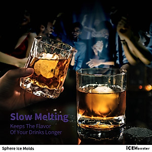 Ice Monster Whiskey Sphere Ice Mold - Ball, Cube Molds for Bourbon; Makes Thick Ice Cubes, Stackable, Easy Release Silicone - Pack of 4