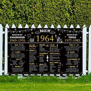DARUNAXY 60th Birthday Black Gold Party Decoration, Back in 1964 Banner Cheers to 60 Years Old Birthday Party Poster Supplies, 6 * 3.6FT Vintage 1964 Backdrop Photography Background for Men and Women