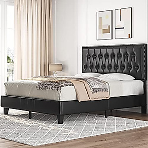 Yaheetech Full Bed Frame Faux Leather Upholstered Platform Bed with Height-Adjustable Headboard, Button Tufting & Nailhead Trim/Noise-Free/Wood Slats Support/No Box Spring Needed, Black Full Bed