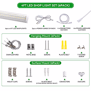 Skymoatled T12 4FT LED Shop Lights Garage Lights,65W 5000K 10400LM Daylight Color,Hanging/Surface Mount,Super Bright,Plug and Play,Linkable LED Shop Lights for Warehouse Workshop Basement,6Pack