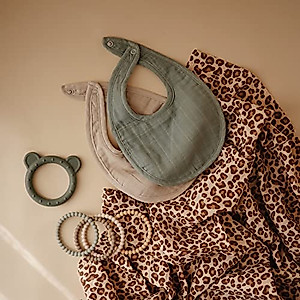 mushie Muslin Baby Bib | Soft Cotton for Infant Drips, Drools & Feedings | Adjustable Fit | 2 Pack (Roman Green/Fog)