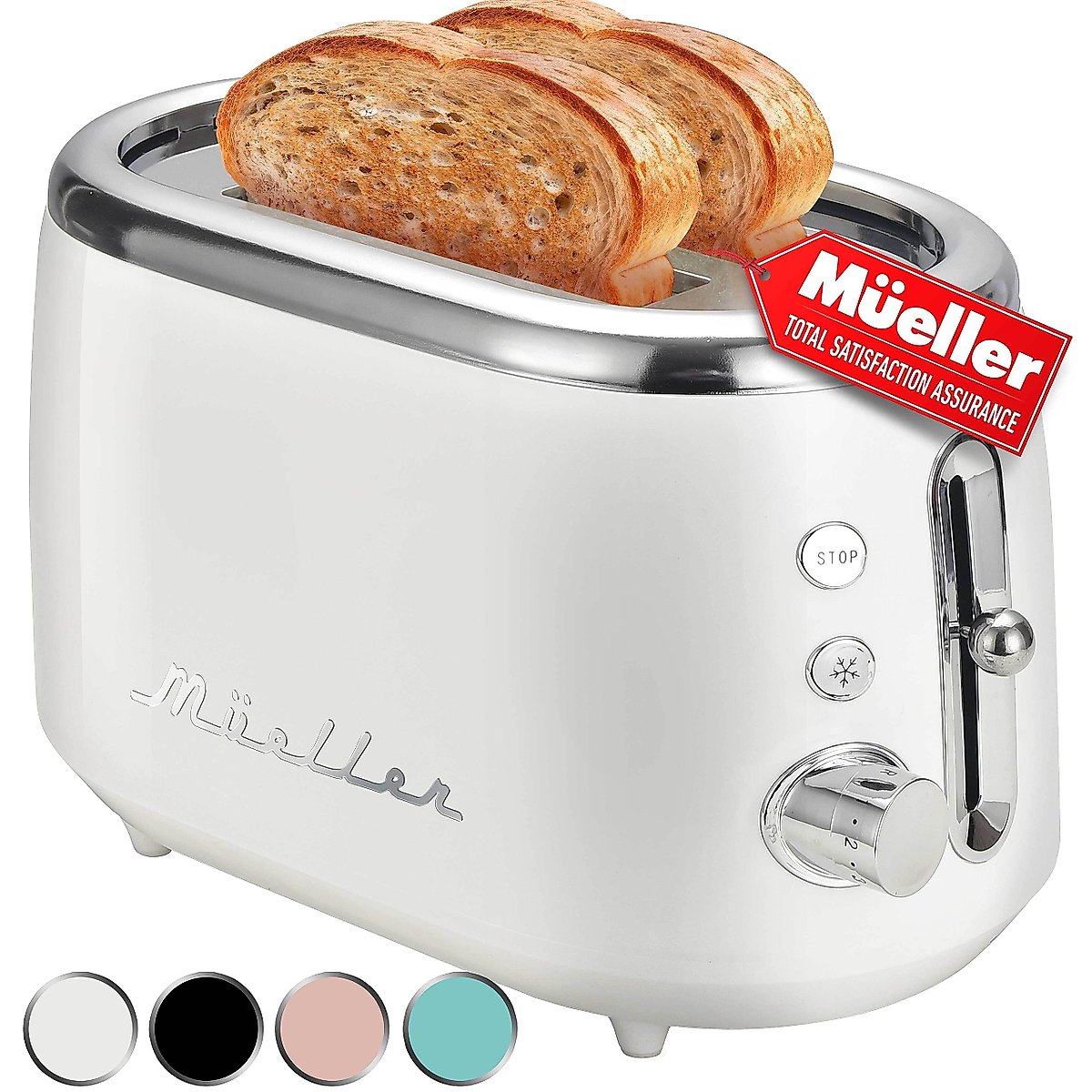 Mueller Retro Toaster 2 Slice with 7 Browning Levels and 3 Functions: Reheat, Defrost & Cancel, Stainless Steel Features, Removable Crumb Tray, Under Base Cord Storage, White