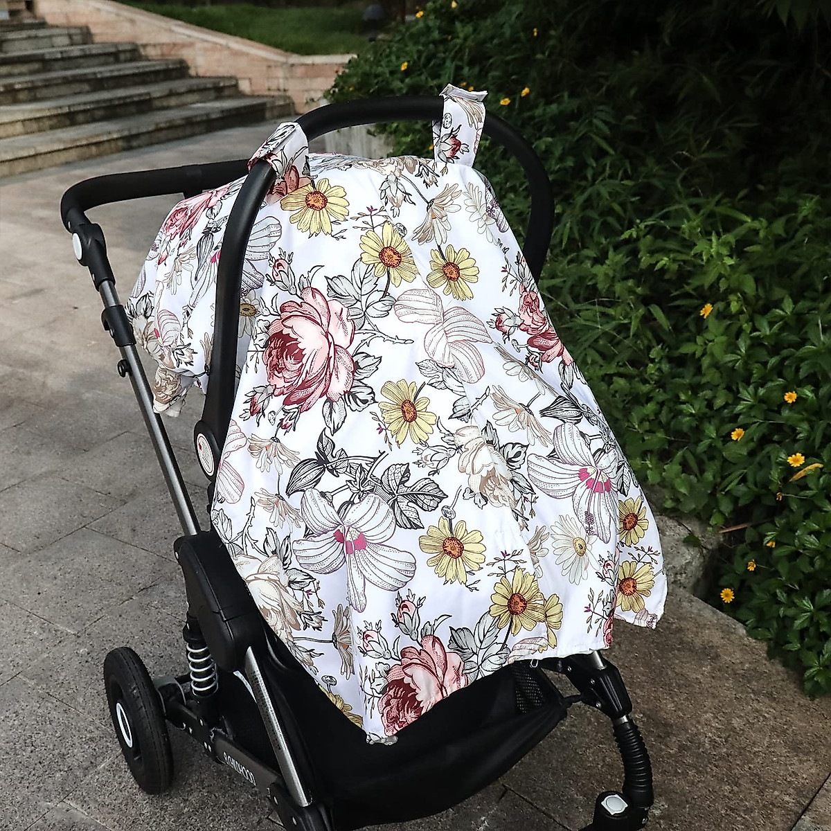 Floral Baby Car Seat Canopy Soft Minky Plush Dotted Backing Baby Car Seat Cover Girls,Floral Baby Poncho for Girls, Toddler Minky Wear Hooded Warm Winter Outerwear Capes Poncho Coat With Zipper