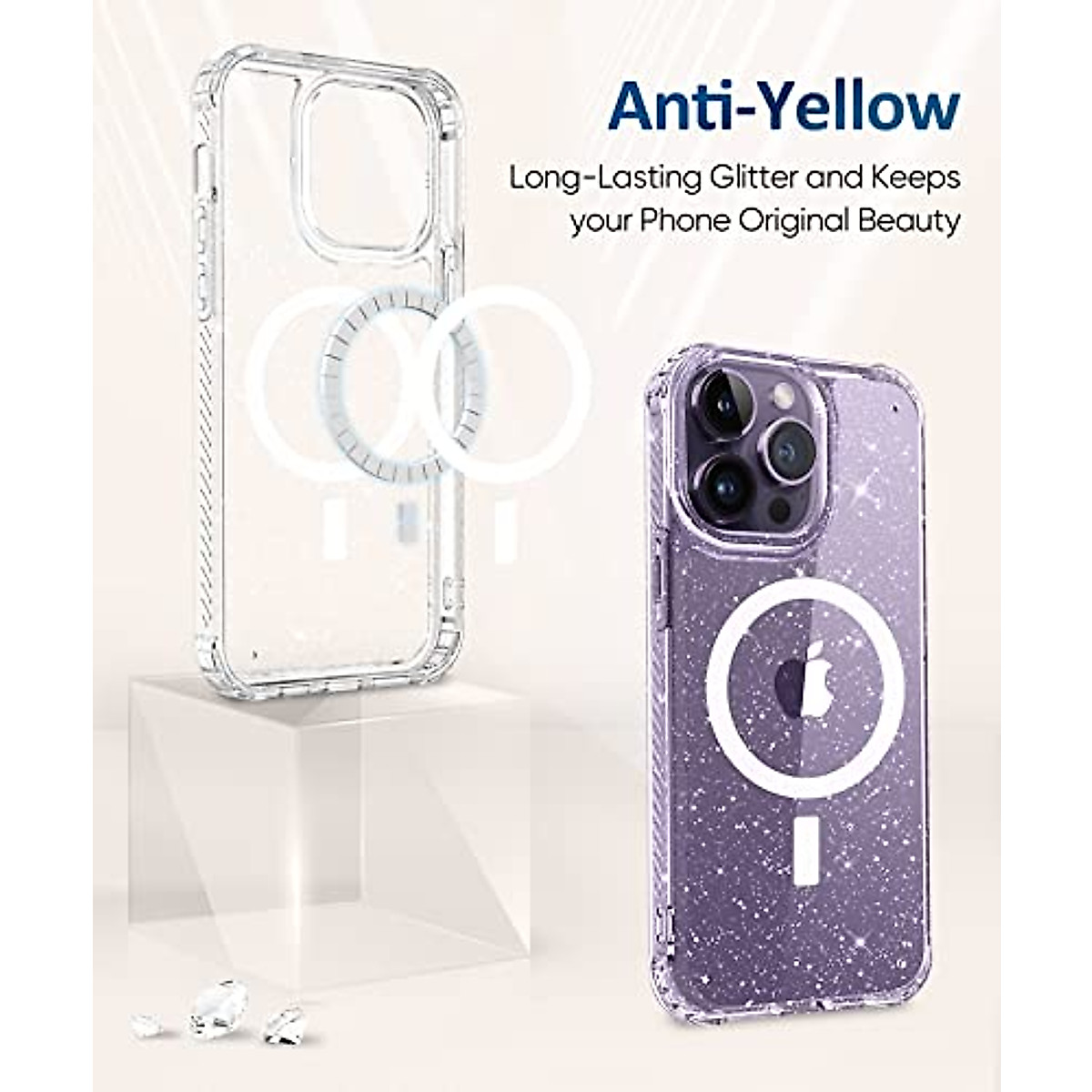 MIODIK Magnetic Glitter Case for iPhone 14 Pro with Screen Protector + Camera Protector, [Compatible with MagSafe] [Non-Yellowing] Shockproof Protective Slim Women Bumper Phone Cover 6.1" (Clear)