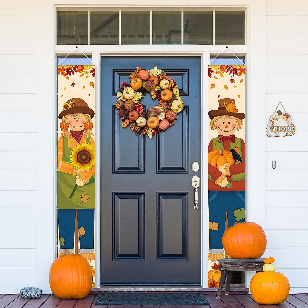2 Pcs Thanksgiving Porch Sign Banner Fall Harvest Banner Autumn Scarecrow Maple Leaves Pumpkin Hanging Door Sign for Indoor Outdoor Home Party Decorations, 12 x 71 Inch