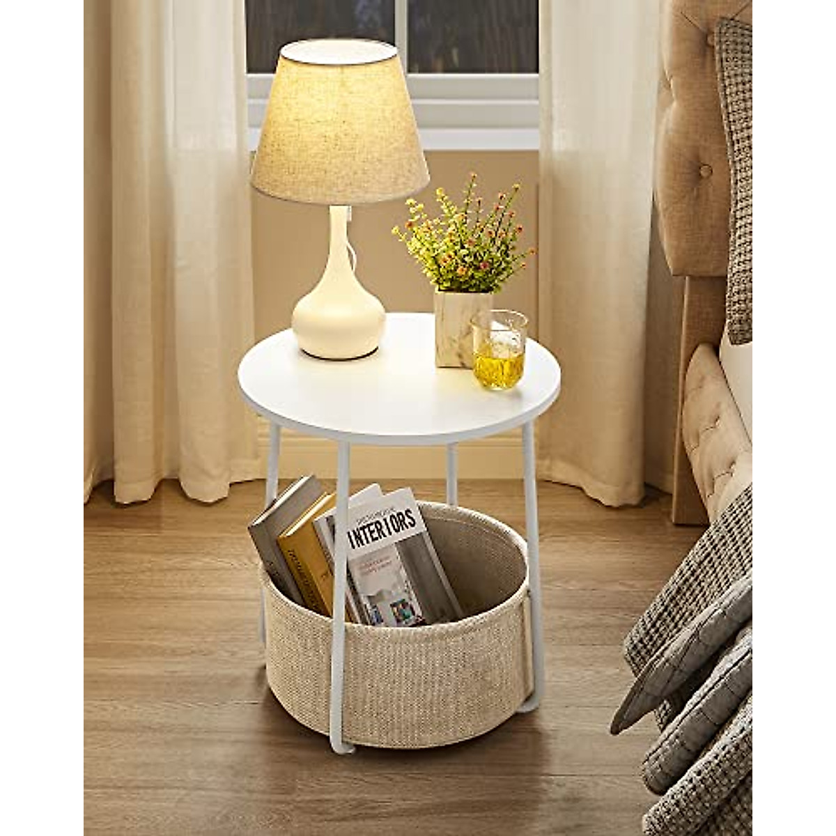 VASAGLE Small Round Side End Table, Modern Nightstand with Fabric Basket, Classic White, Sand Beige, 1 Count