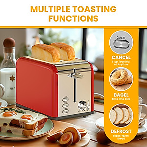 Simple Deluxe 2-Slice Toaster, Stainless Steel Toaster, 6 Browning Setting and 3 Function, Extra Wide Slot & Removable Crumb Tray, for Bread & Waffle, Red