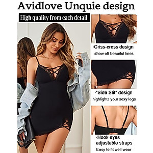 Avidlove Lingerie for Women Sexy Nightgown Full Slip Lace Chemise Sleep Babydoll Lingerie Dress(Black XS)