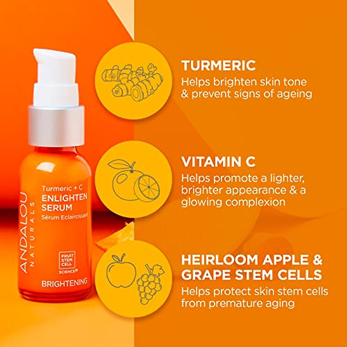 Andalou Naturals Turmeric + C Enlighten Serum, Skin Brightening Serum with Vitamin C & Turmeric, Anti Aging Skin Care, Diminish Sun Damage & Lighten Skin, 1.1 Fl Oz