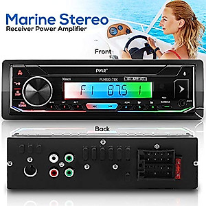 Pyle Bluetooth Marine Receiver Stereo & Speaker Kit 300W Single DIN Boat Marine Head Unit l LCD, Mic, Hands-Free Calling, AUX, MP3/USB/SD, AM/FM Radio, Remote - PLMRK47BK (Black)