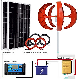 Pikasola Wind Turbine Vertical Axis Generator 200W12V + 2 PCS 100W 12V Monocrystalline Solar Panel Kits Suit for RV Marine Home Solar Wind Hybrid System