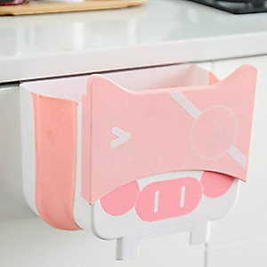 Cabilock Kitchen Hanging Trash Can Small Foldable Waste Bins Hanging Cabinet Trash Can Home Wall Bedroom Office Car Waste Container (Pink)