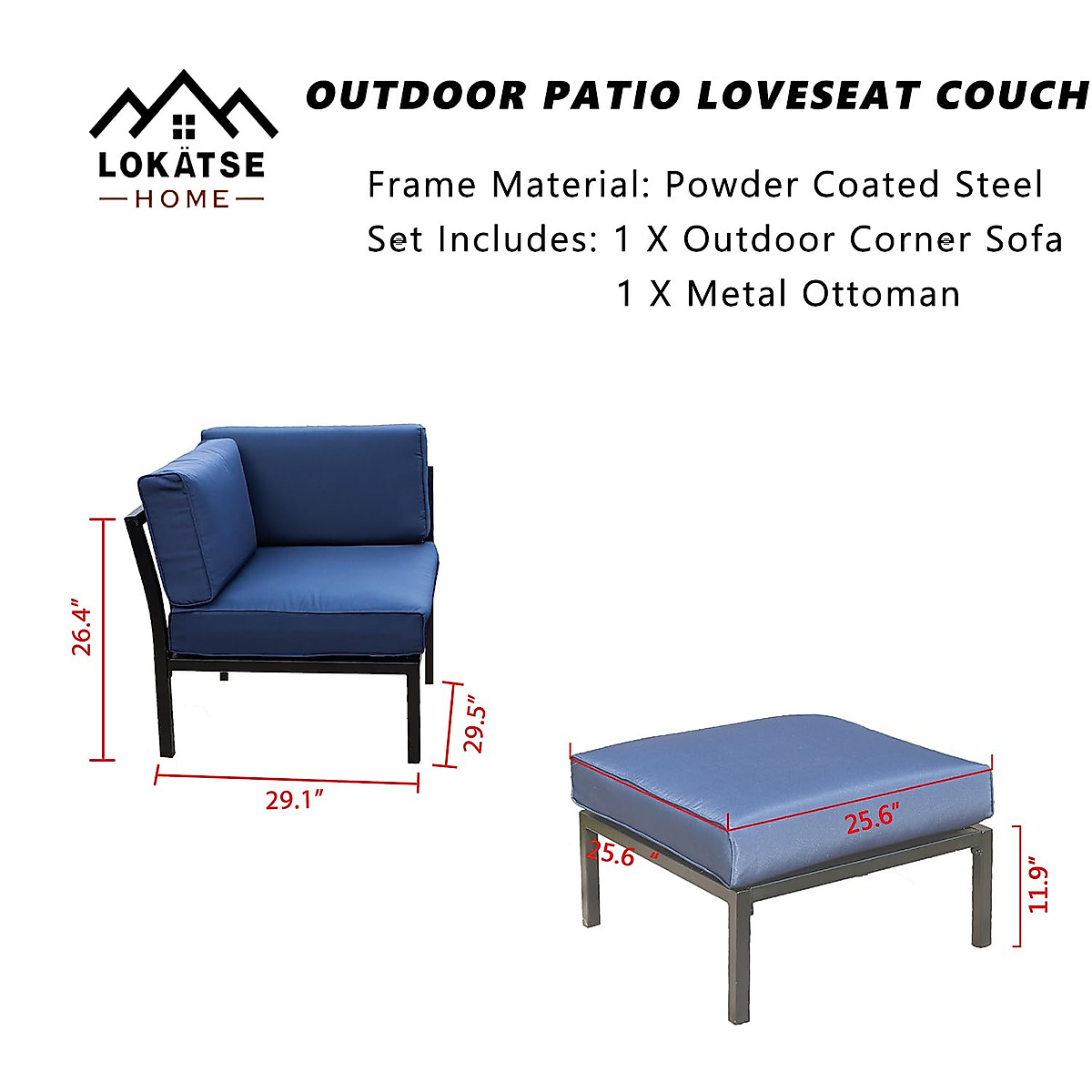 LOKATSE HOME 2 Piece Patio Furniture Set Sectional Balcony Corner Outdoor Loveseat Couch Armchiar Sofa with Ottoman Metal Steel Frame, Blue