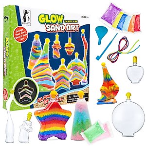 Sand Art Kit for Kids, Glow in the Dark Sand Art Bottles and Necklaces, Arts and Crafts STEM Toys for Boys and Girls, 8 Art Sand Colors Including 2 Glow in the Dark, Craft Gift for Boys and Girls 3+