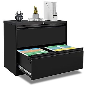 VINGLI Wide Lateral 2 Drawer File Cabinet with Lock, Metal File Cabinets for Home Office, Black File Cabinet Printer Stand for Hanging Letter/Legal Size File Folders with Tabs, Easy Assembly Required