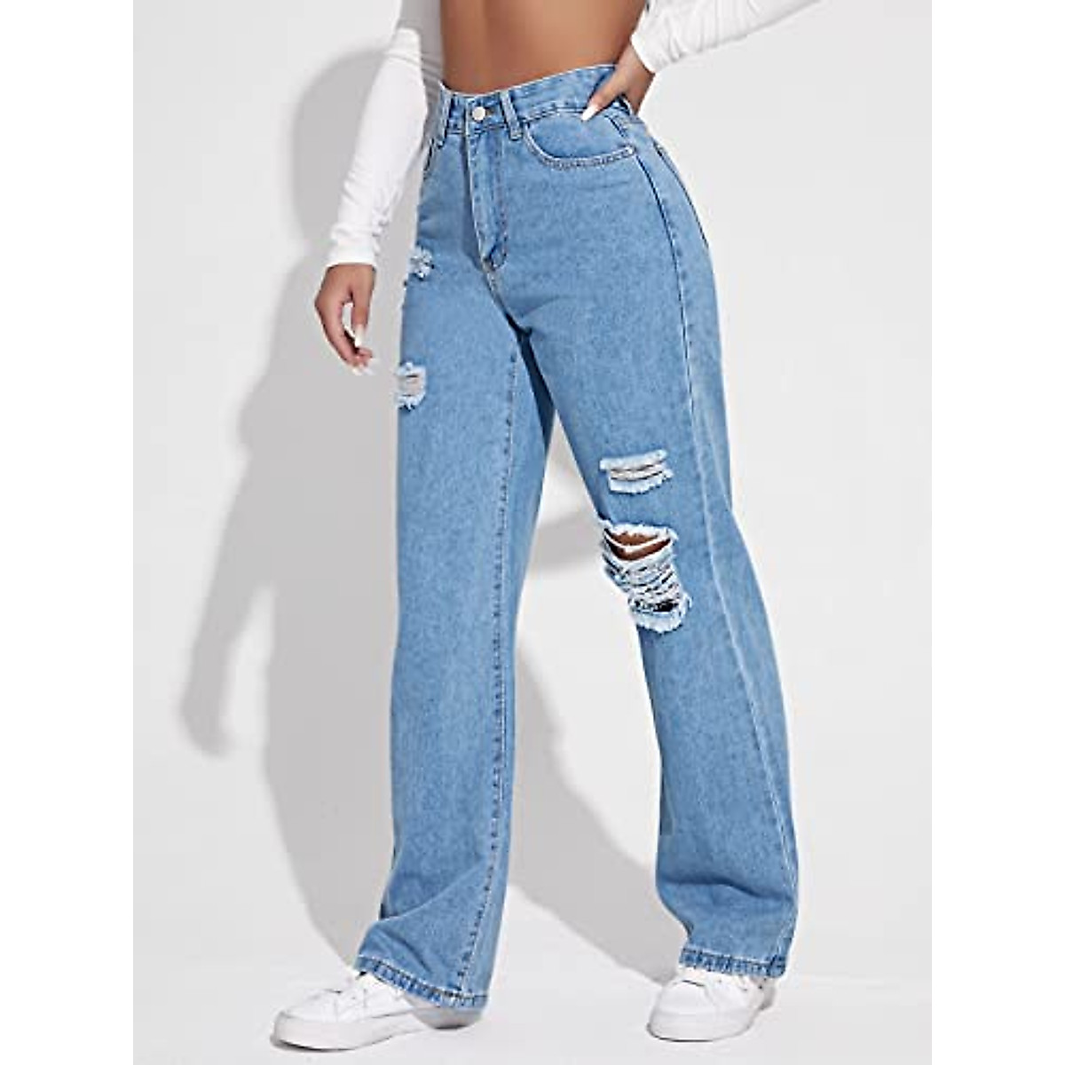 SweatyRocks Women's High Waisted Ripped Boyfriend Jeans Distressed Denim Pants with Pockets Light Wash M