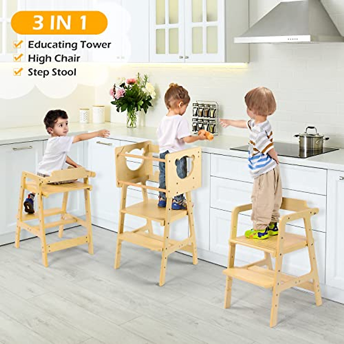 Montessori Educating Tower, Toddler High Chair & Step Stool with 3 Adjustable Height, Standing Kitchen Helper Bathroom Wood Safety Grow Seat, Multi-Function 3 in 1 for 1-12 Years