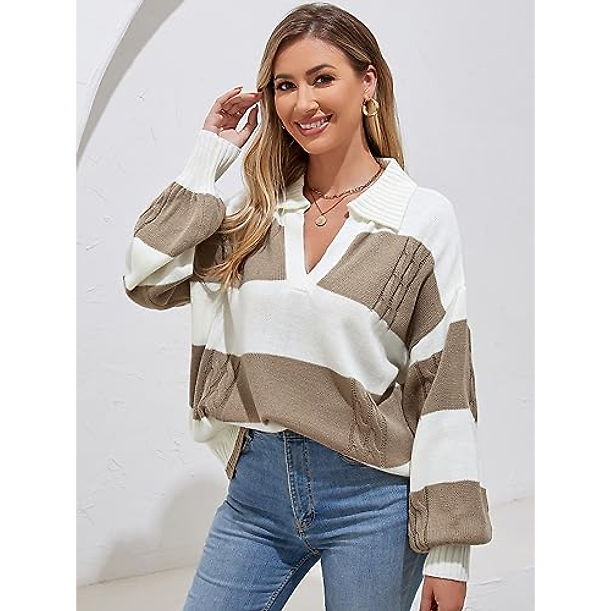 ZAFUL Women 2023 Striped V Neck Long Sleeve Sweater Fall Lapel Collar Ribbed Knit Loose Pullover Sweater Jumper Top Brown