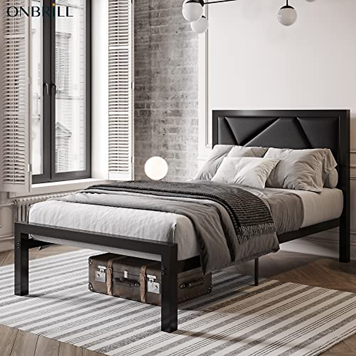 ONBRILL Twin Size Modern Metal Bed Frame with Contemporary Faux Leather and Upholstered Headboard，No Box Spring Needed, Black