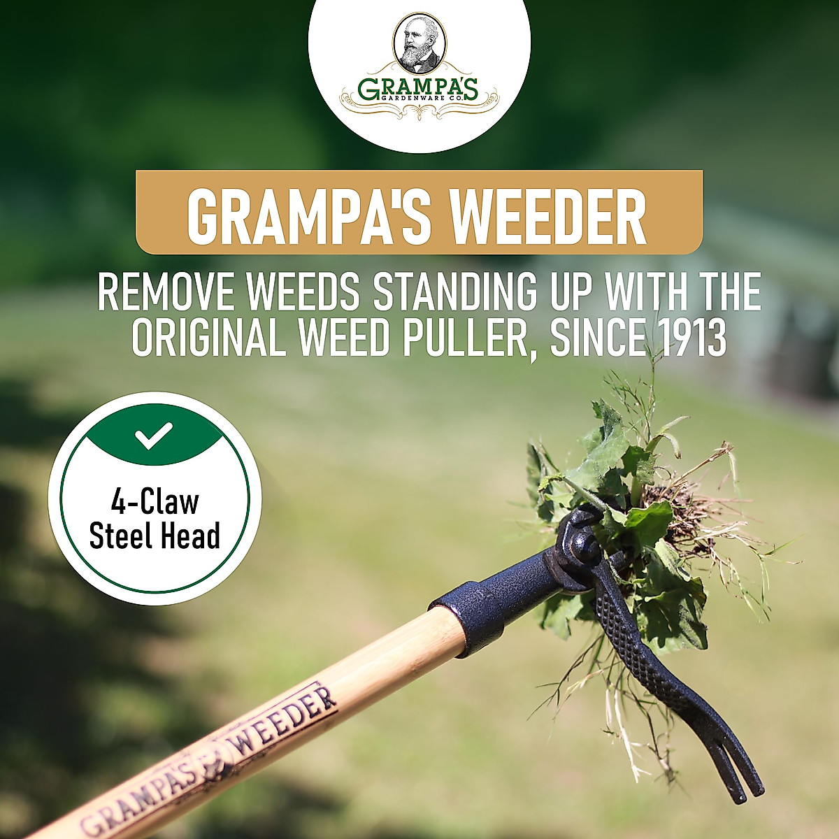 Grampa's Weeder - The Original Stand Up Weed Puller Tool with Long Handle - Made with Real Bamboo & 4-Claw Steel Head Design - Easily Remove Weeds Without Bending, Pulling, or Kneeling