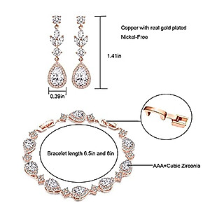 UDYLGOON UDORA Cubic Zirconia Teardrop Brides Bridesmaids Earrings Bracelet Jewelry Set Wedding Parties Prom (Rose Gold)