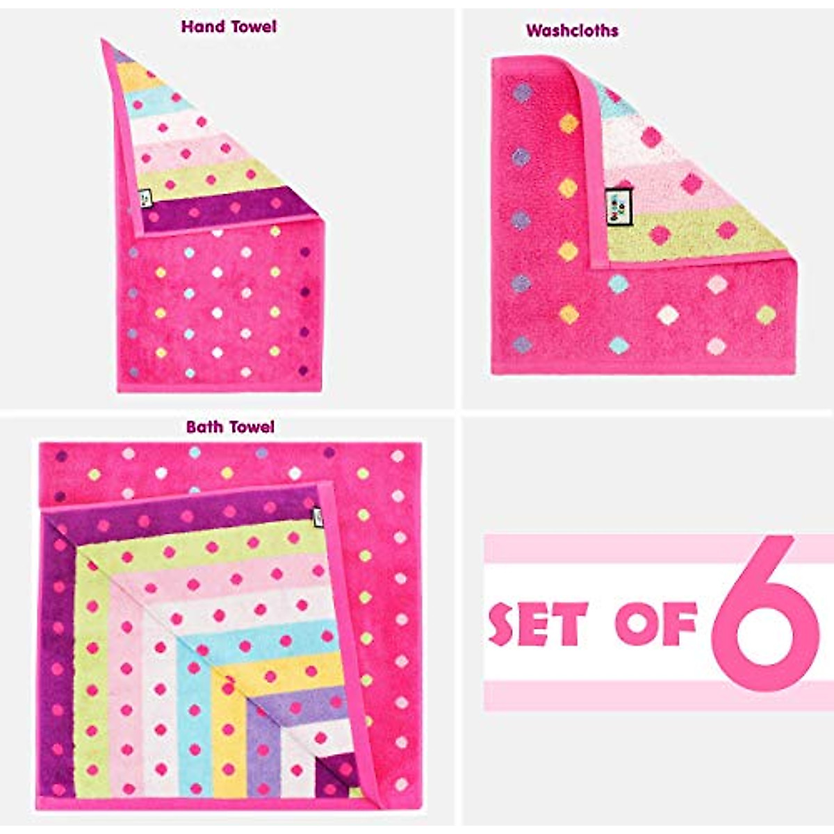 ORIGINAL KIDS 6 Piece Towel Set - Bath Time Sugar & Spice - 2 Bath Towels, 2 Hand Towels, 2 Washcloths in Bonus Tote Bag - 100% Cotton Jacquard Soft Absorbent Pool Beach Towel Gift - Pink Multicolor