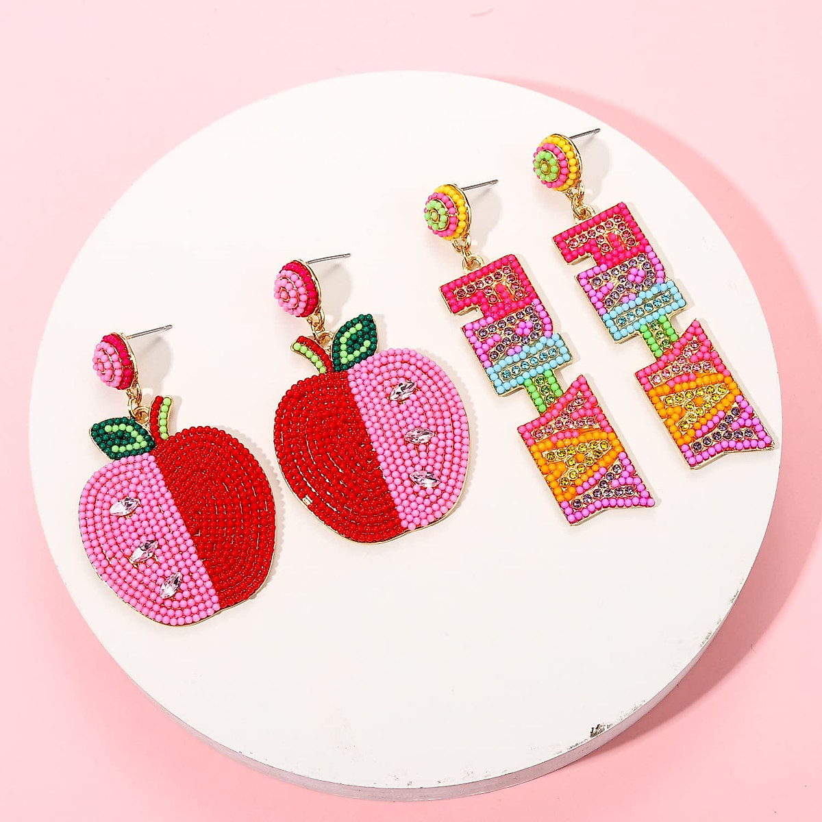 2 Pairs Teacher Earrings for Women, Beaded Fri-Yay Pencil Earrings Drop Dangle Earrings Teacher Appreciation Gifts Teacher Jewelry Gifts (FRI-YAY&Apple)