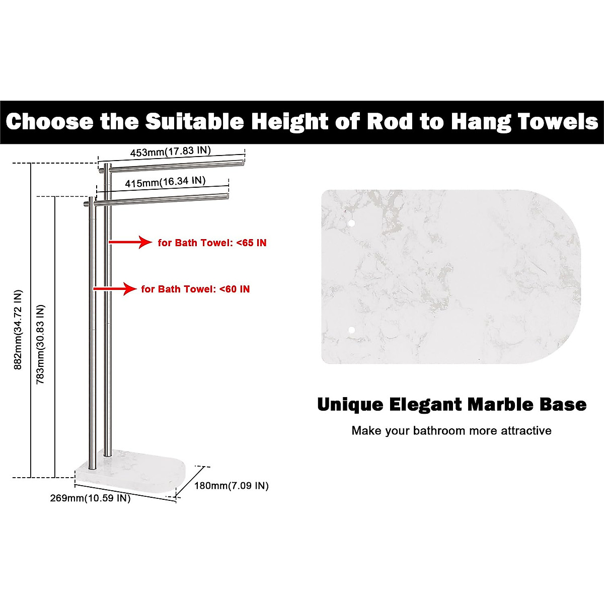 Livabber Standing Towel Rack, 304 Stainless Steel 2-Tier Towel Holder Stand with Marble Base, Modern Stylish Tall Shower Towel Rack for Bathroom Accessories, Pool（Brushed Nickel）