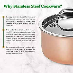 NutriChef 8 Pcs. Stainless Steel Kitchenware Pots & Pans Set Stylish Kitchen Cookware w/Cast SS Handle, Tri-Ply Authentic Copper, for Saucepan, Casserole, Frying Pan, Lids NCCW8SS, WHITE SILVER