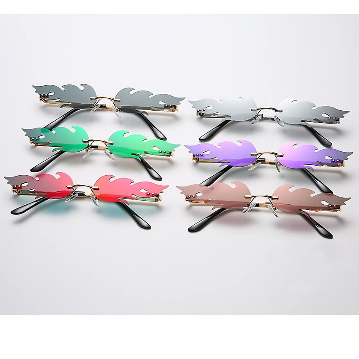 GTREW Sunglasses Trending Flame Rimless Eyewear Small Face Narrow Wave Shape Glasses Vintage Mens Womens Sun Glasses Metal Frame, Red, 138x70mm