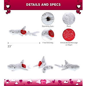 DolliBu I Love You Valentine Plush Big Eye Great White Shark - Cute Stuffed Animal with Red Heart and Name Personalization Gift for Valentines Day, Birthday, Anniversary, Romantic Date - 23 Inches