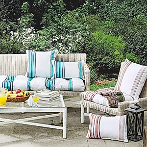 Madison Park Newport Printed Stripe 3M Scotchgard Outdoor Square Pillow for Patio Garden and Courtyard, 20x20, Coral/White