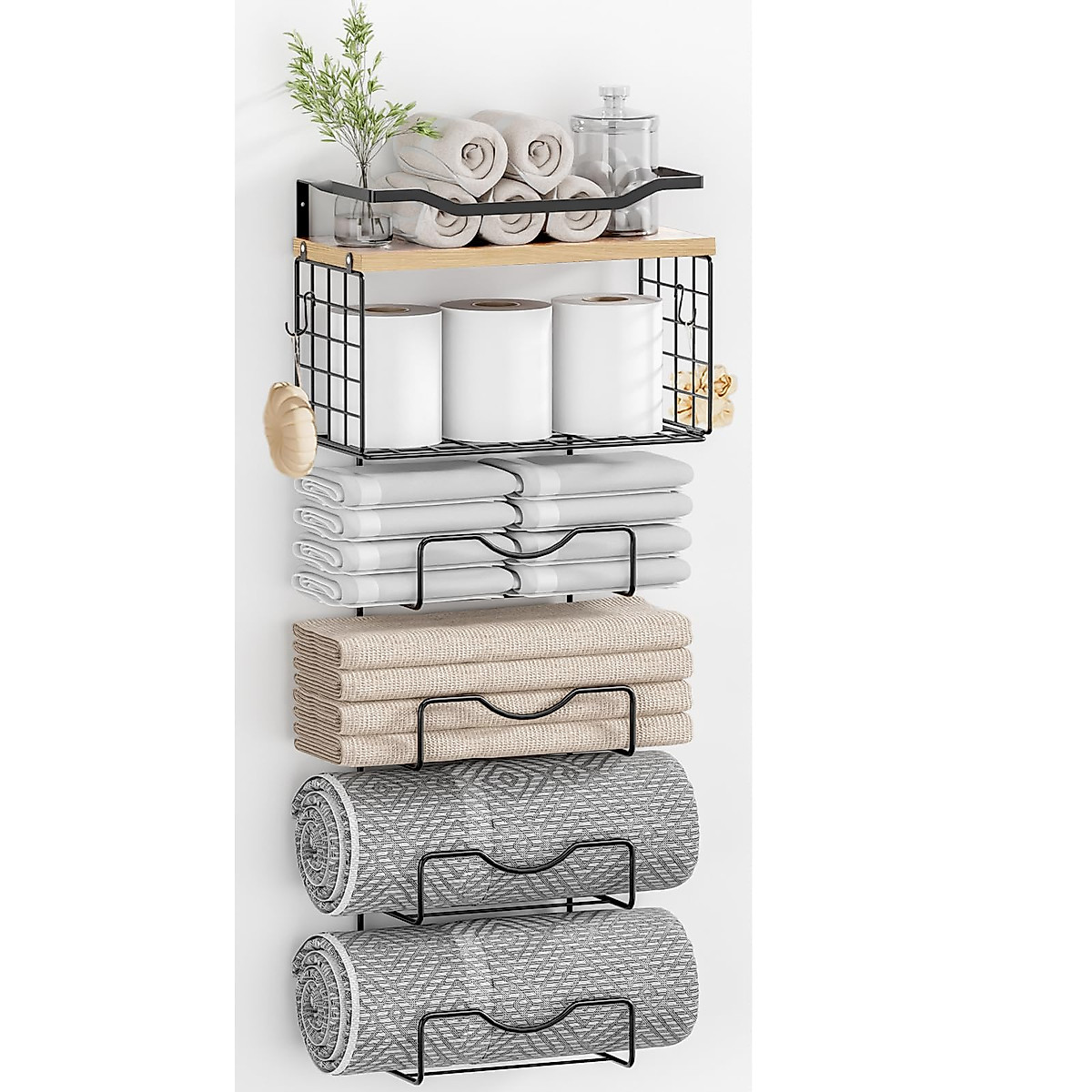 Towel Racks for Bathroom,Towel Rack Wall Mounted, 6 Tier Rolled Or Folded Towel Holder with Floating Shelves, Bathroom Towel Holder for Bath, Hand Towels,Metal,Walnut Wood Panel
