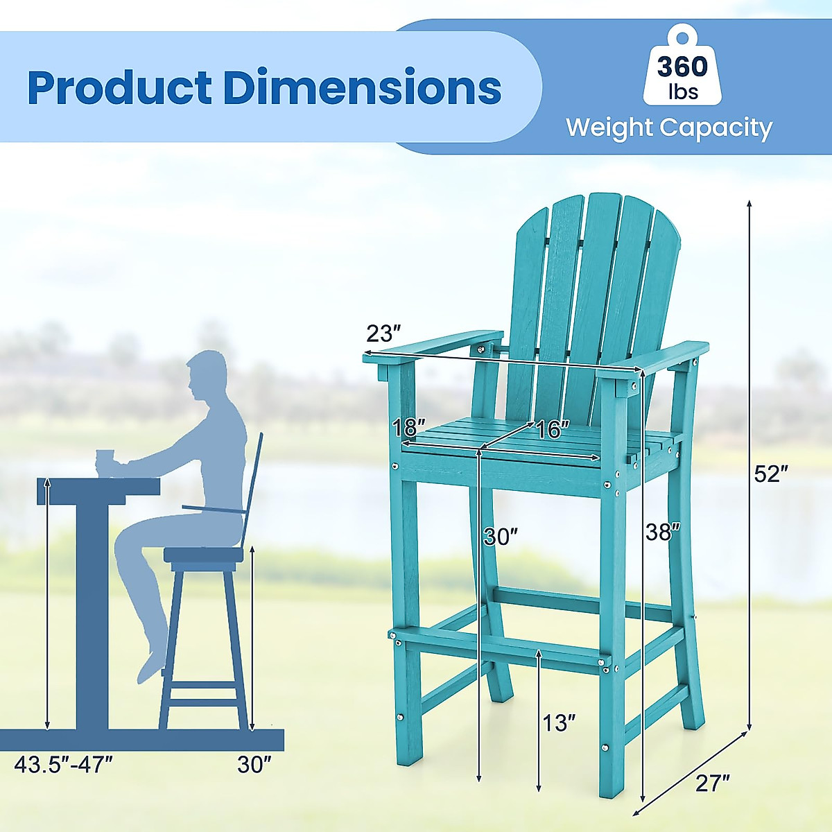 Tangkula Outdoor Tall Adirondack Chair 30 Inches Seat Height, HDPE Bar Height Patio Chair with High Backrest, Armrests and Footrest, Outdoor Bar Stool for Balcony Deck Garden Poolside (2, Turquoise)