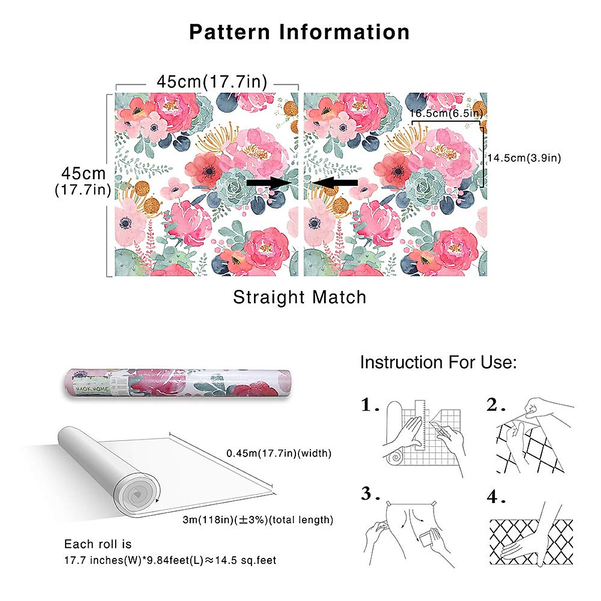 HAOKHOME Floral Wallpaper Peel and Stick Watercolor Cactus White/Pink/Green/Navy Blue Vinyl Self Adhesive Contact Paper Decorative 17.7in x 9.8ft