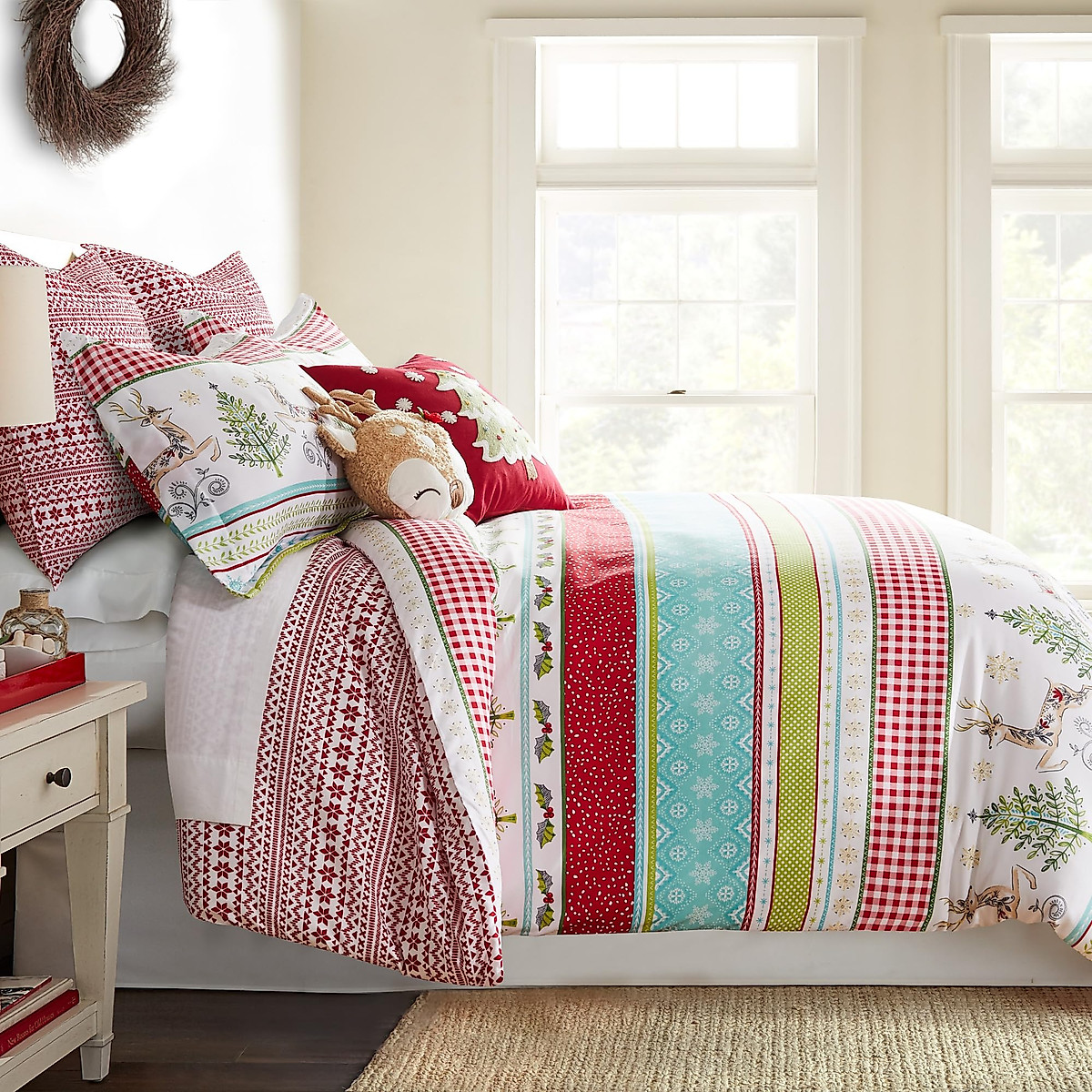 Levtex Home Merry & Bright Collection - Comet and Cupid Duvet Set - King Duvet Cover (106 x 94in.) + Two King Sham (36 x 20in.) - Holiday Deer and Christmas Trees - Red Green White Teal
