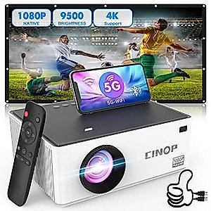 5G WiFi Bluetooth Mini Projector, Cinop 1080P Native 4K Supported Projector, 9500L, Portable Outdoor, Support 4P/4D Keystone Correction, TV Stick, DVD, HDMI,USB, Laptop, Phone Wireless Mirroing Screen