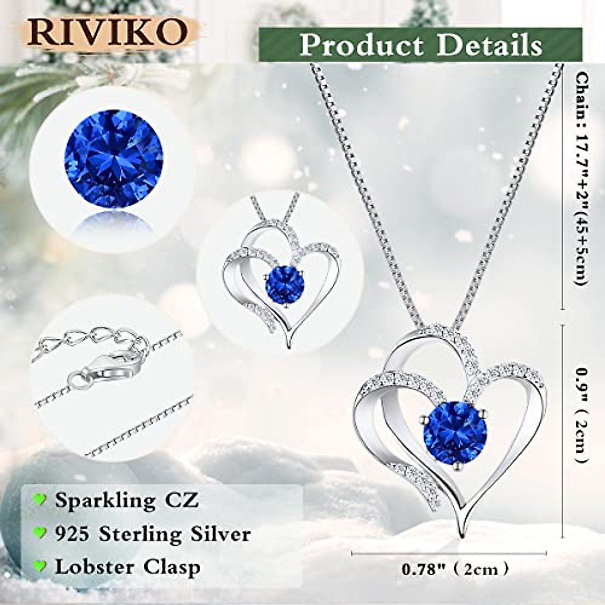RIVIKO Love Heart Necklace For Women 925 Sterling Silver Gold Plated Zirconia September Birthstone Pendant Necklaces for Mother Wife Birthday Christmas Valentine's Day Jewelry Gift