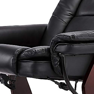 JC Home Contemporary Black Leather Recliner and Ottoman with Swiveling Mahogany Wood Base