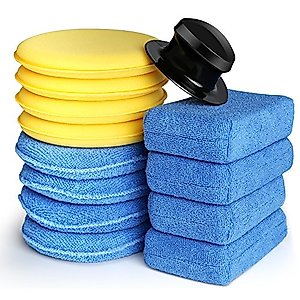 Electop 13 Pcs Car Wax Applicator Pads Kit 5 inch Microfiber Applicator Pads Blue Rectangle Microfiber Sponge Applicators Yellow Soft Foam Waxing Pad with Grip Handle