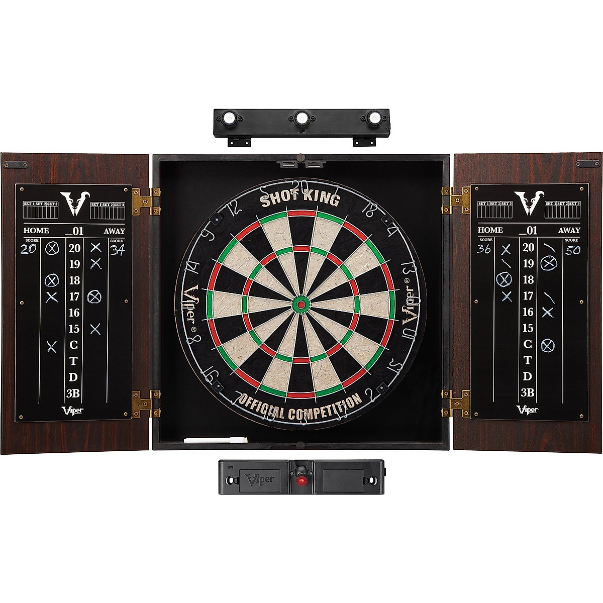 Viper Stadium Cabinet & Shot King Sisal/Bristle Dartboard Ready-to-Play Bundle: Elite Set (Shot King Dartboard, Darts, Shadow Buster and Laser Throw Line), Black (40-1213)